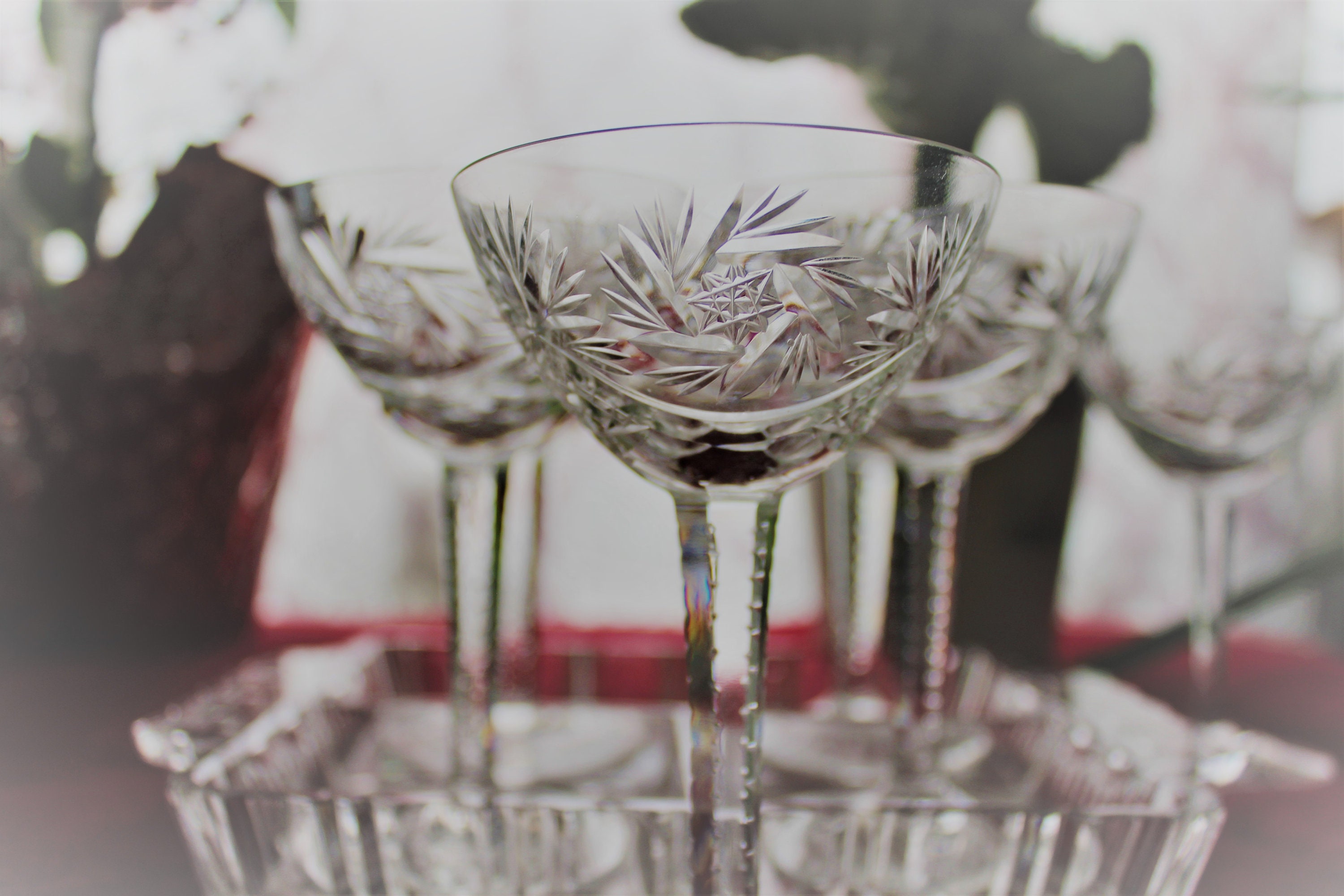 Vintage Cut Glass Pinwheel Crystal Set of Six Glasses Plus Pinwheel Cut ...