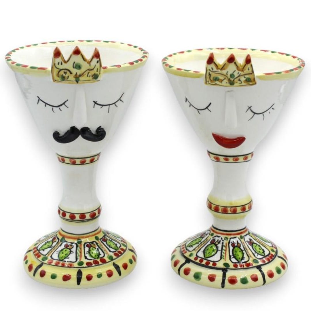 Pair of Chalices With Face and Crown, in Caltagirone Ceramic - H 18 Cm ...