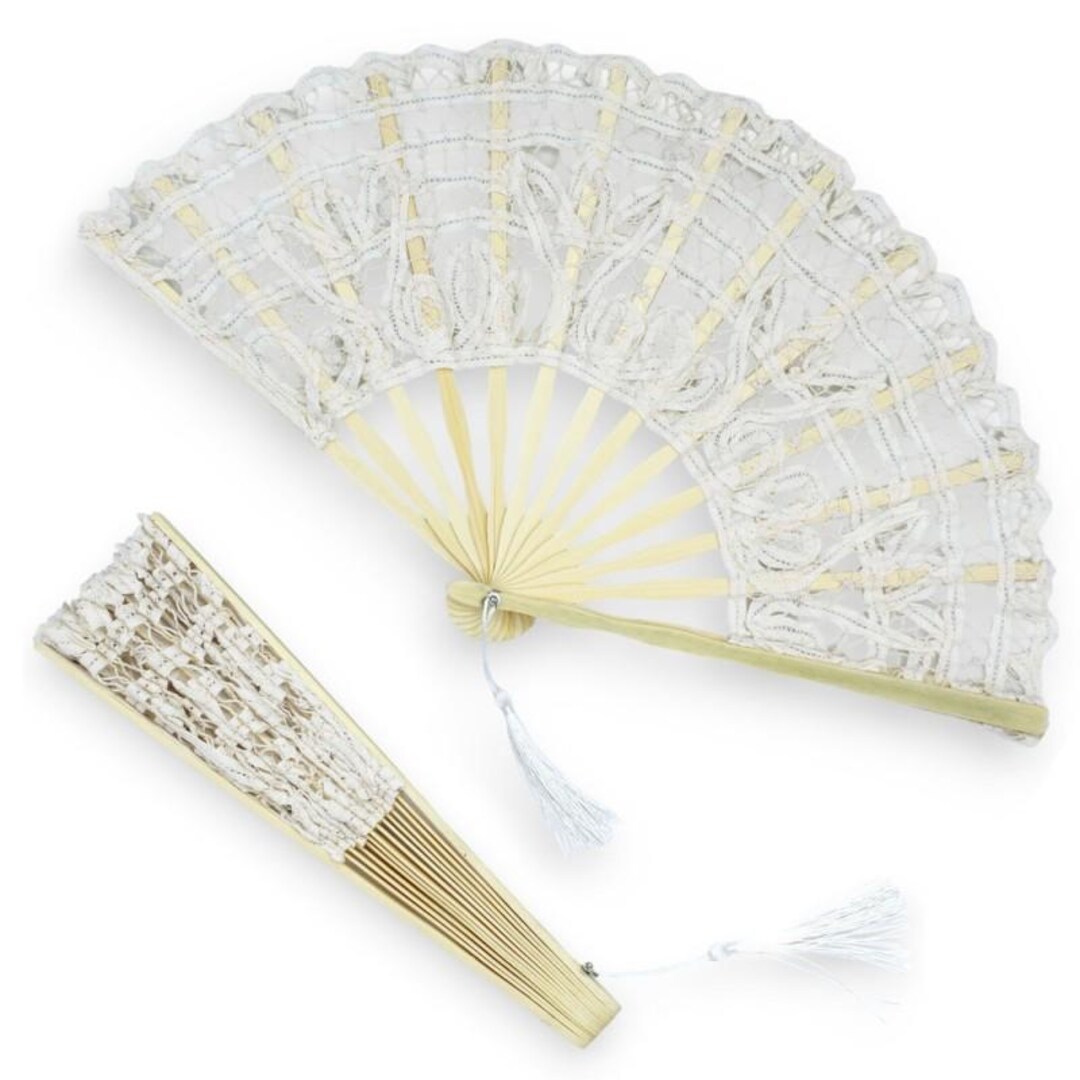 Handmade Wooden Fan With Ivory Macramé Lace - Approx. 27 X 50 Cm Wide ...