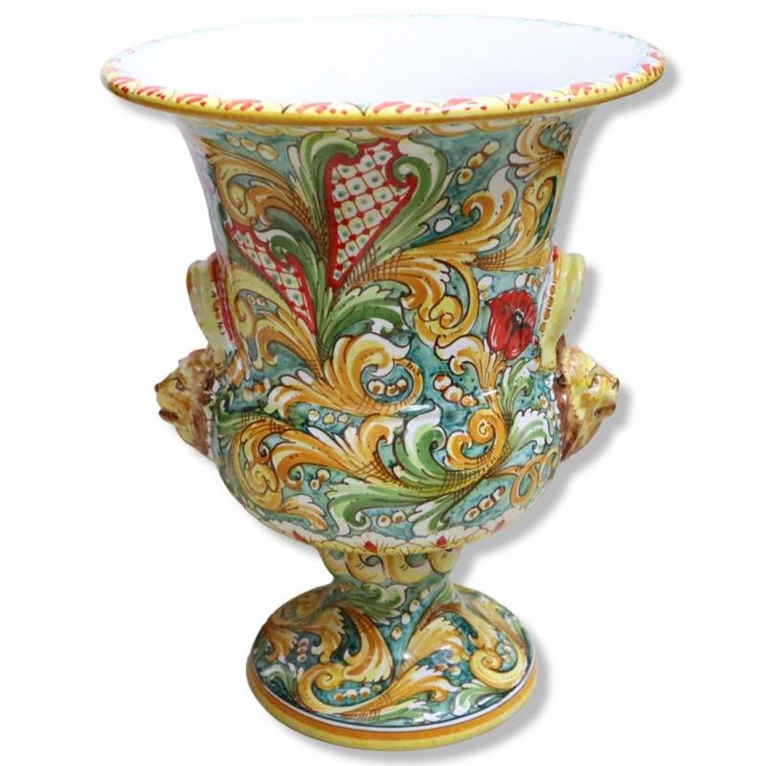 Villa Vase in Caltagirone Ceramic, Verderame Color and Baroque Ornament ...