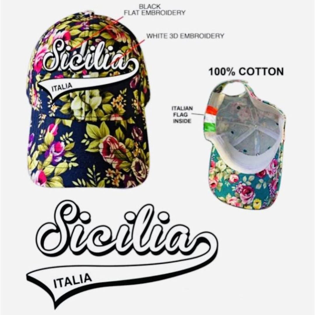Floral Patterned Hat With Embossed SICILY Embroidery - 100% Cotton - 2 Variants Available, One ...