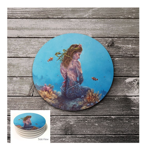 Brunette Mermaid Round Table Coaster Table Coasters Mermaids | Etsy