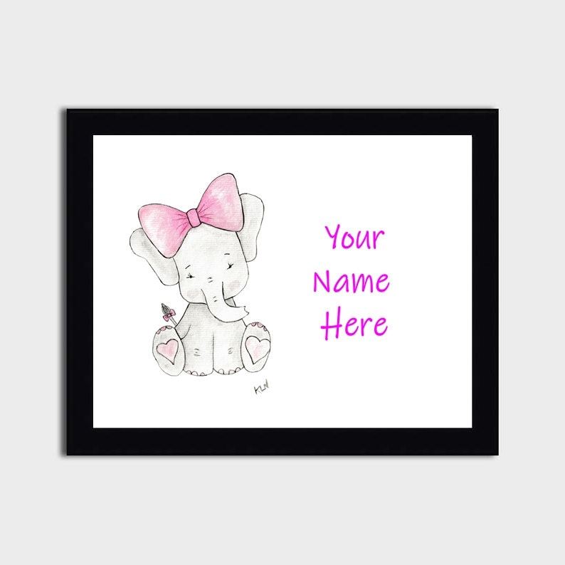 Cute Baby Girl Elephant Nursery Print Personalised Name Baby Decor ...