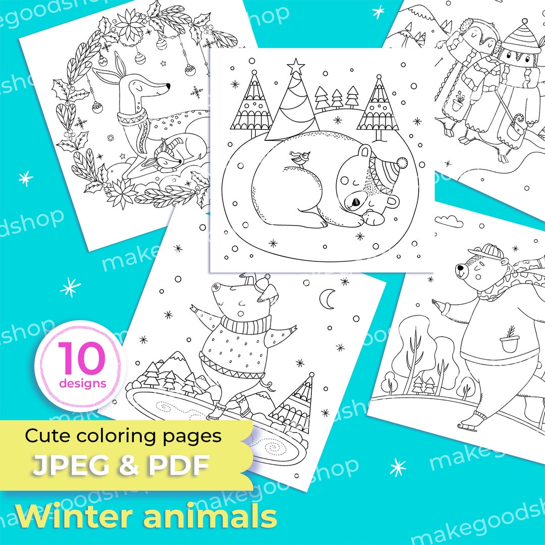 Cute Winter Animals. Whimsical Coloring Pages. - Etsy