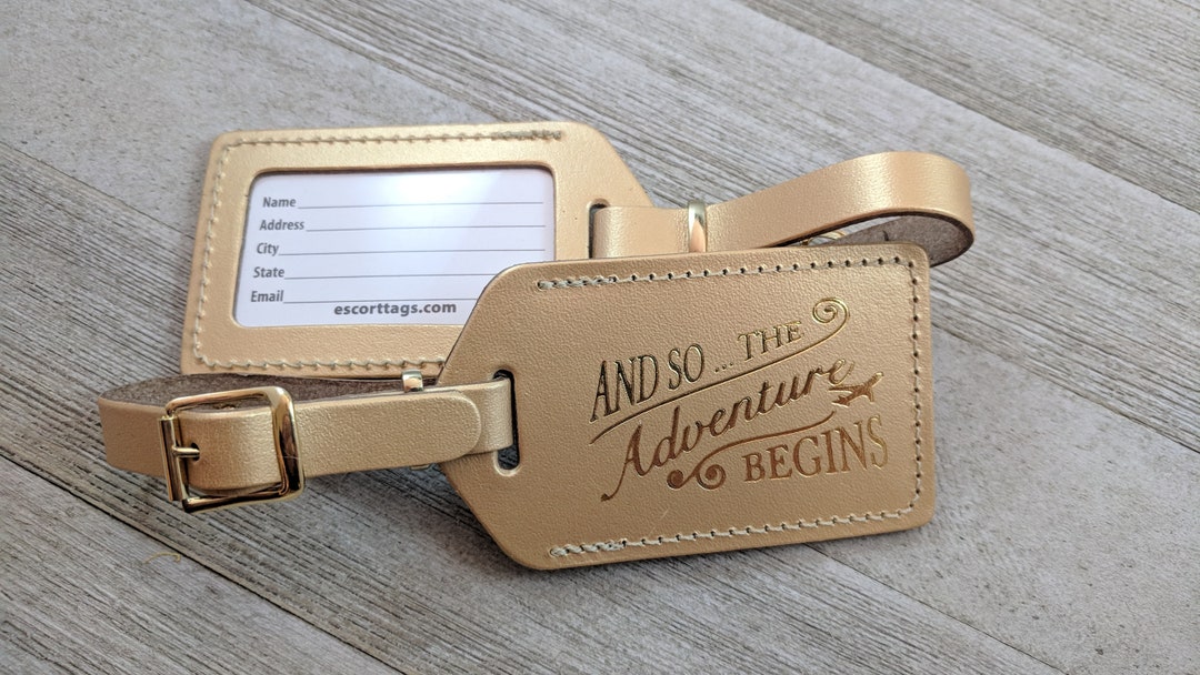 LUGGAGE TAGS Gold Leather, and so the Adventure Begins, for Weddings ...