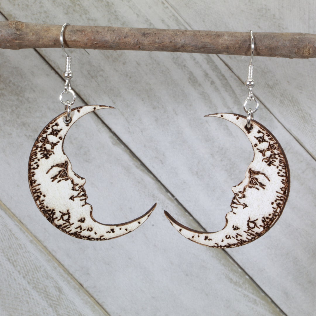 Crescent Moon Face Wooden Dangle Earrings - Etsy
