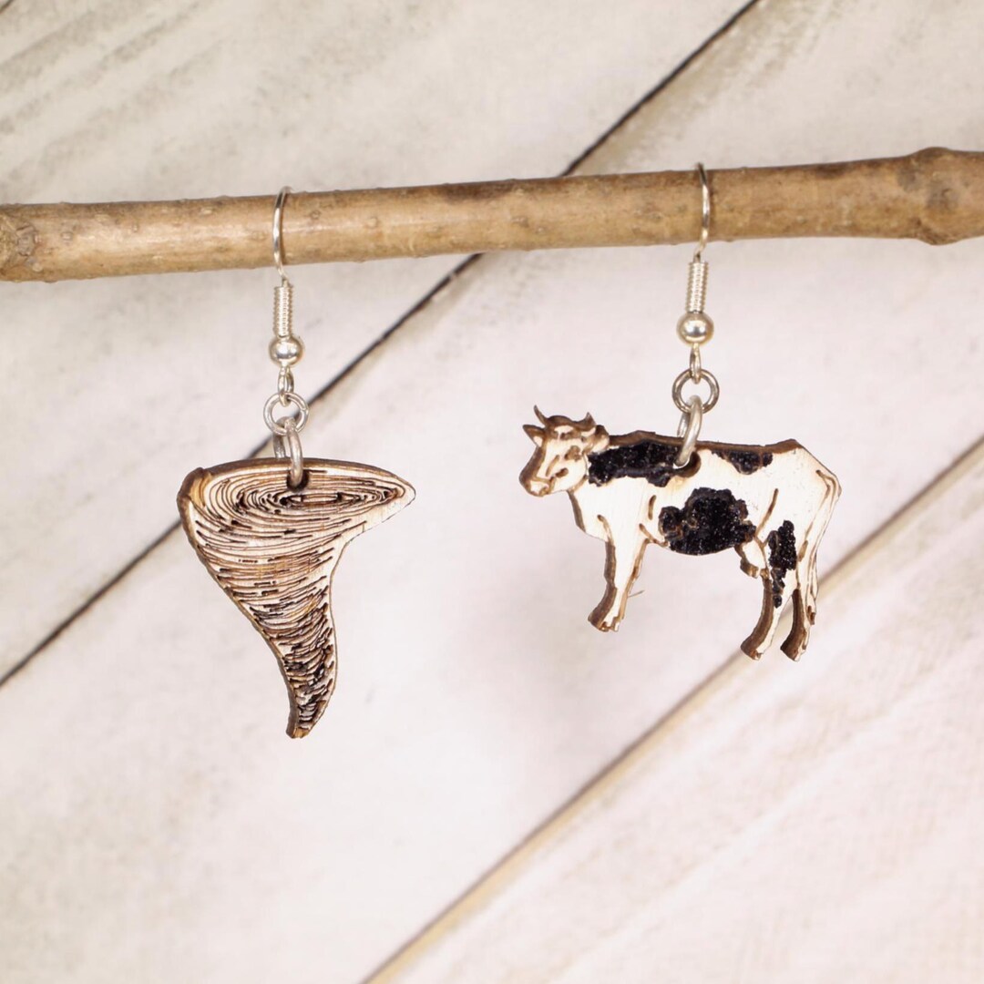 Cow and Tornado Wooden Dangle Earring - Etsy