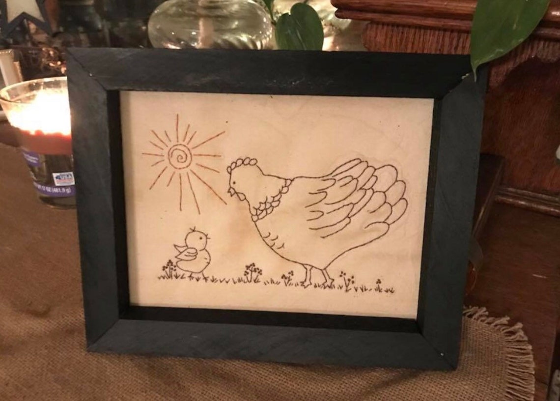 Good Morning Hen Primitive Stitchery Framed Print - Etsy