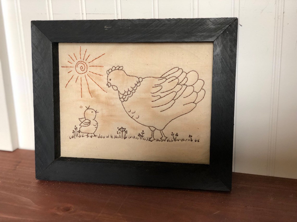 Good Morning Hen Primitive Stitchery Framed Print - Etsy