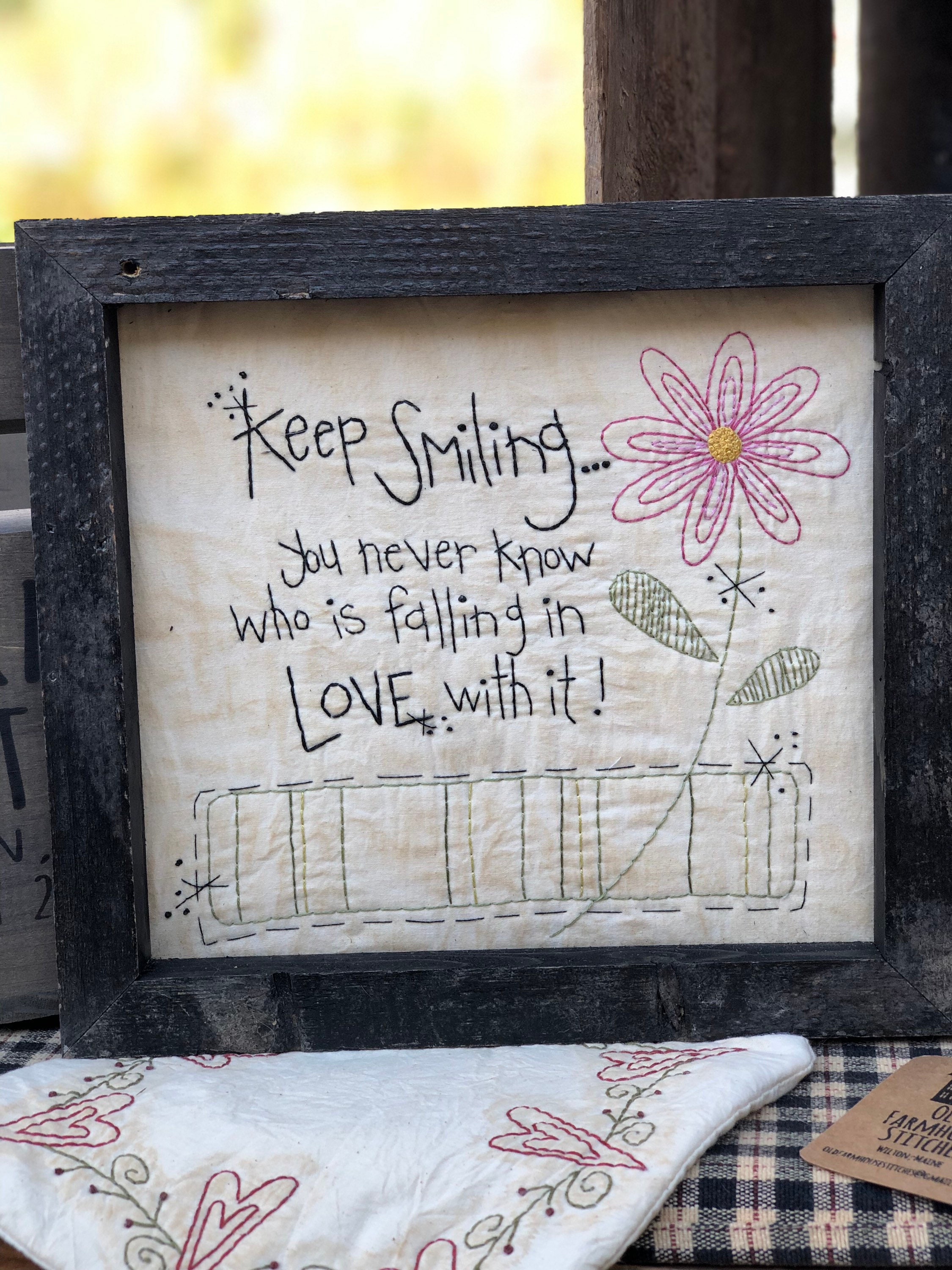Keep Smiling Primitive Stitchery Framed Print | Etsy