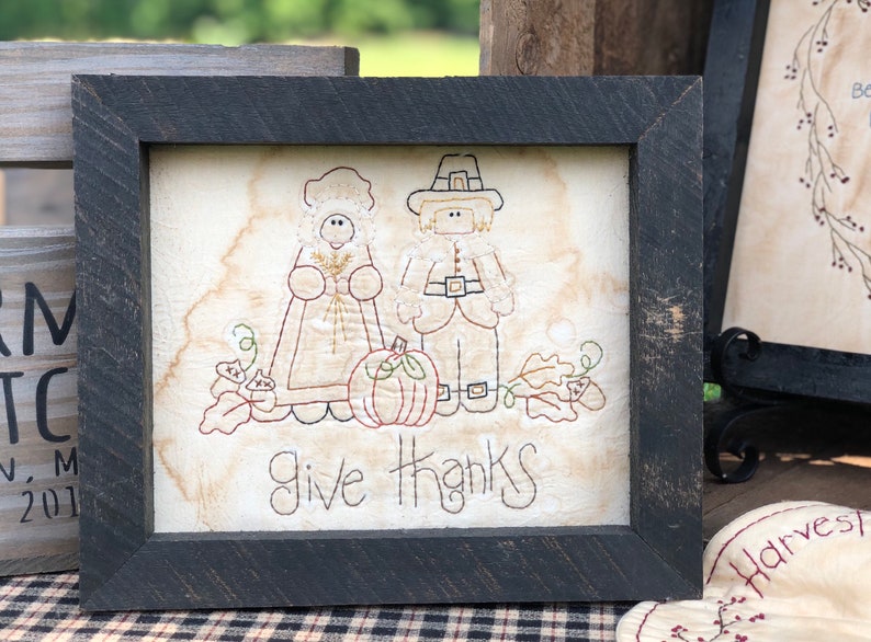 Give Thanks Thankful Pilgrams Primitive Stitchery Framed Print - Etsy