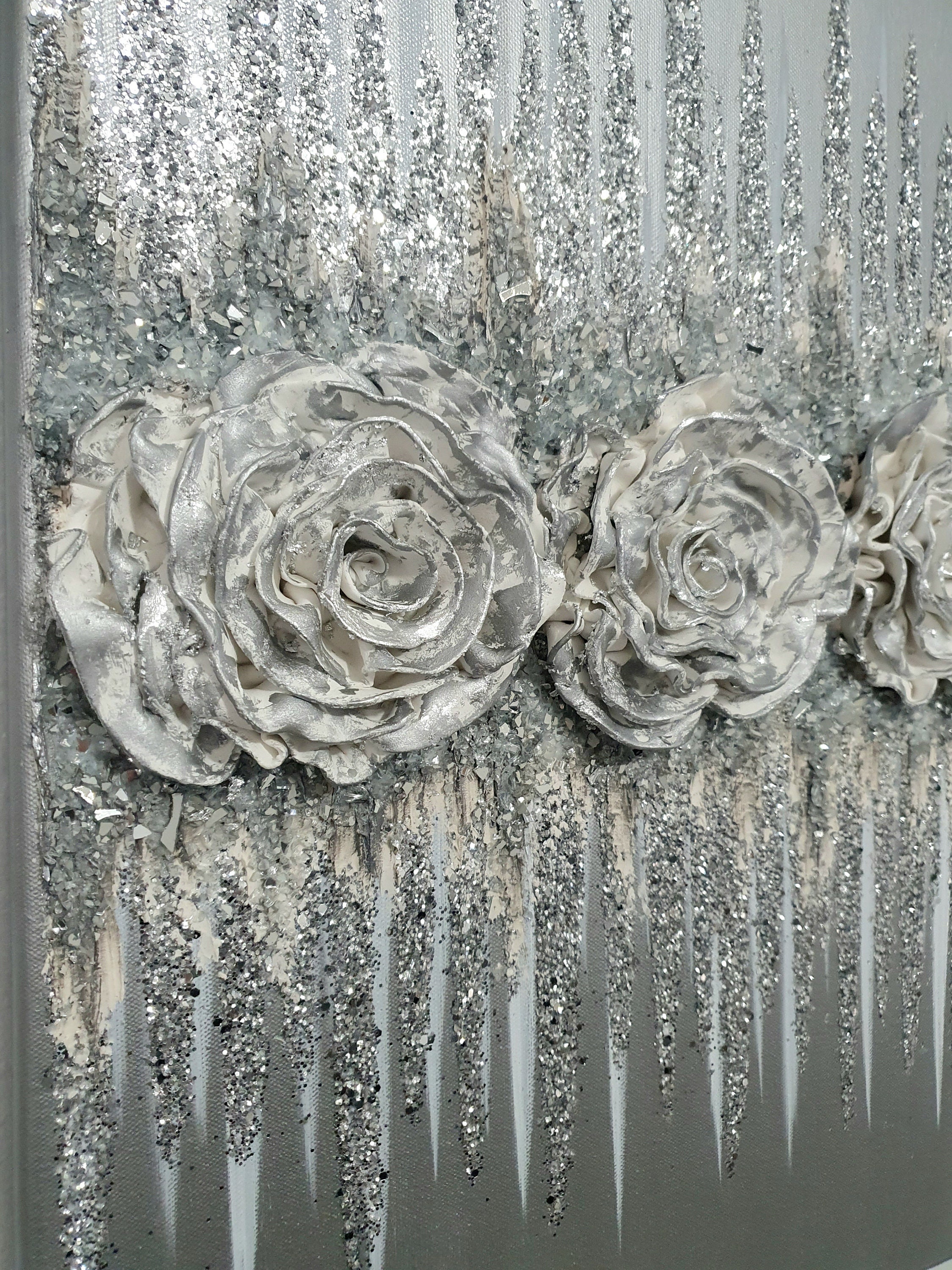 Silver Rosette Painting: 3D Floral Glitter Abstract Art - Etsy