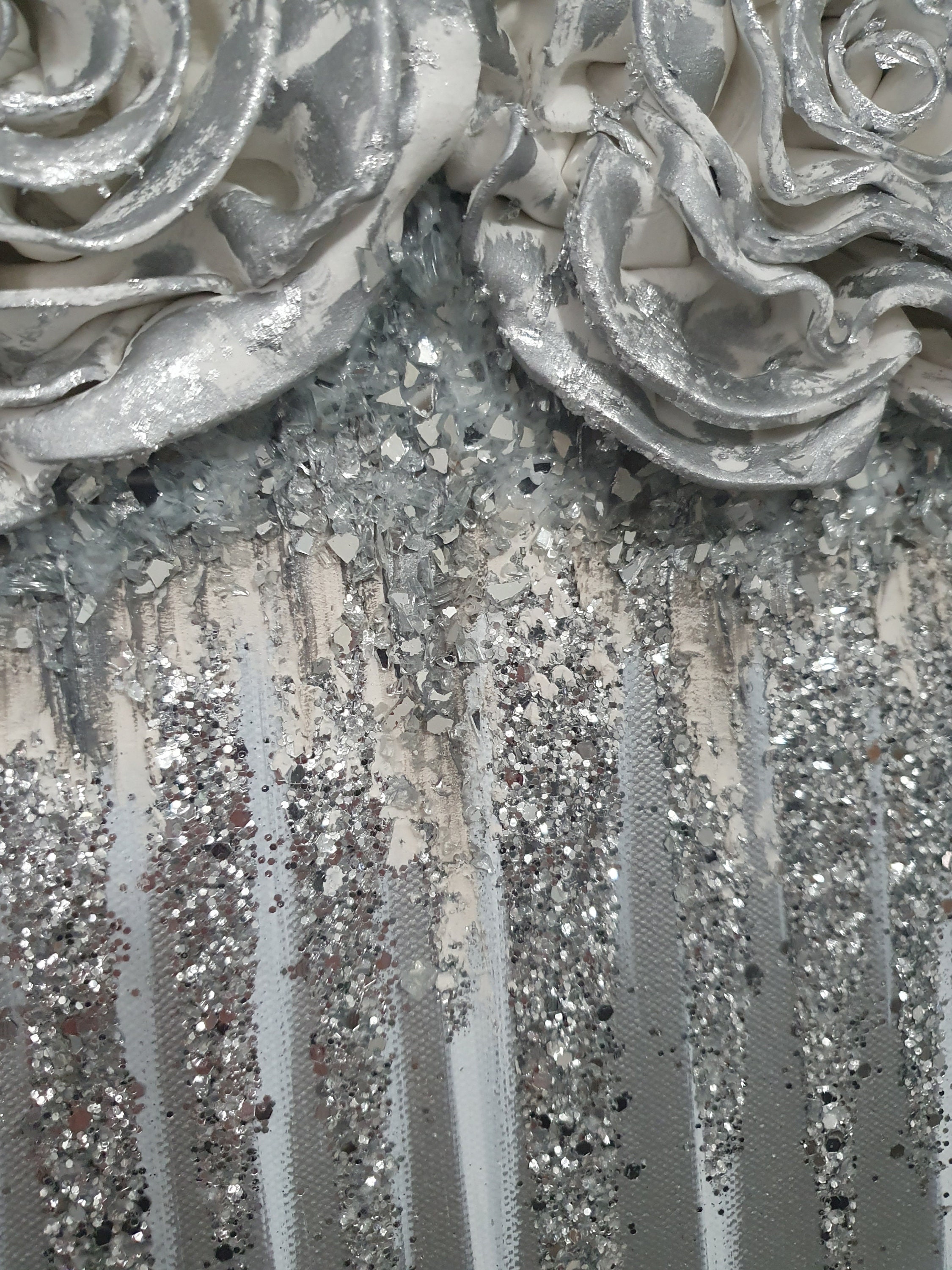 Silver Rosette Painting: 3D Floral Glitter Abstract Art - Etsy