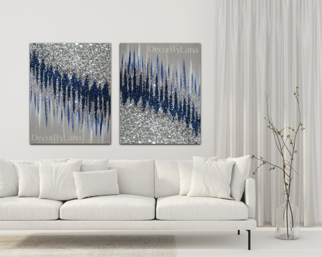 Original Silver and Navy Blue "navy Night" Abstract Glitter Art Set ...