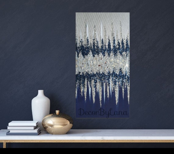Original Silver and Navy Blue Abstract Glitter Art - Etsy