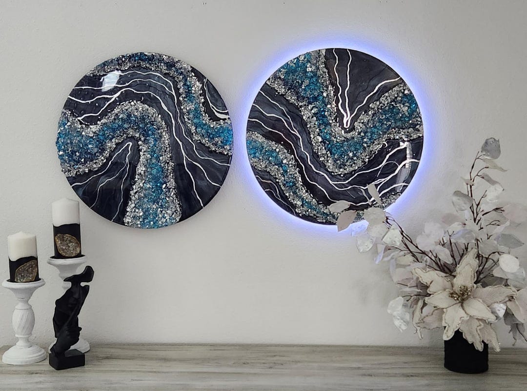 Navy Blue & Silver Resin Geode Wall Art Set - LED Lighted Abstract ...