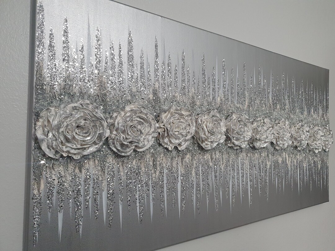 Silver Rosette Painting: 3D Floral Glitter Abstract Art - Etsy