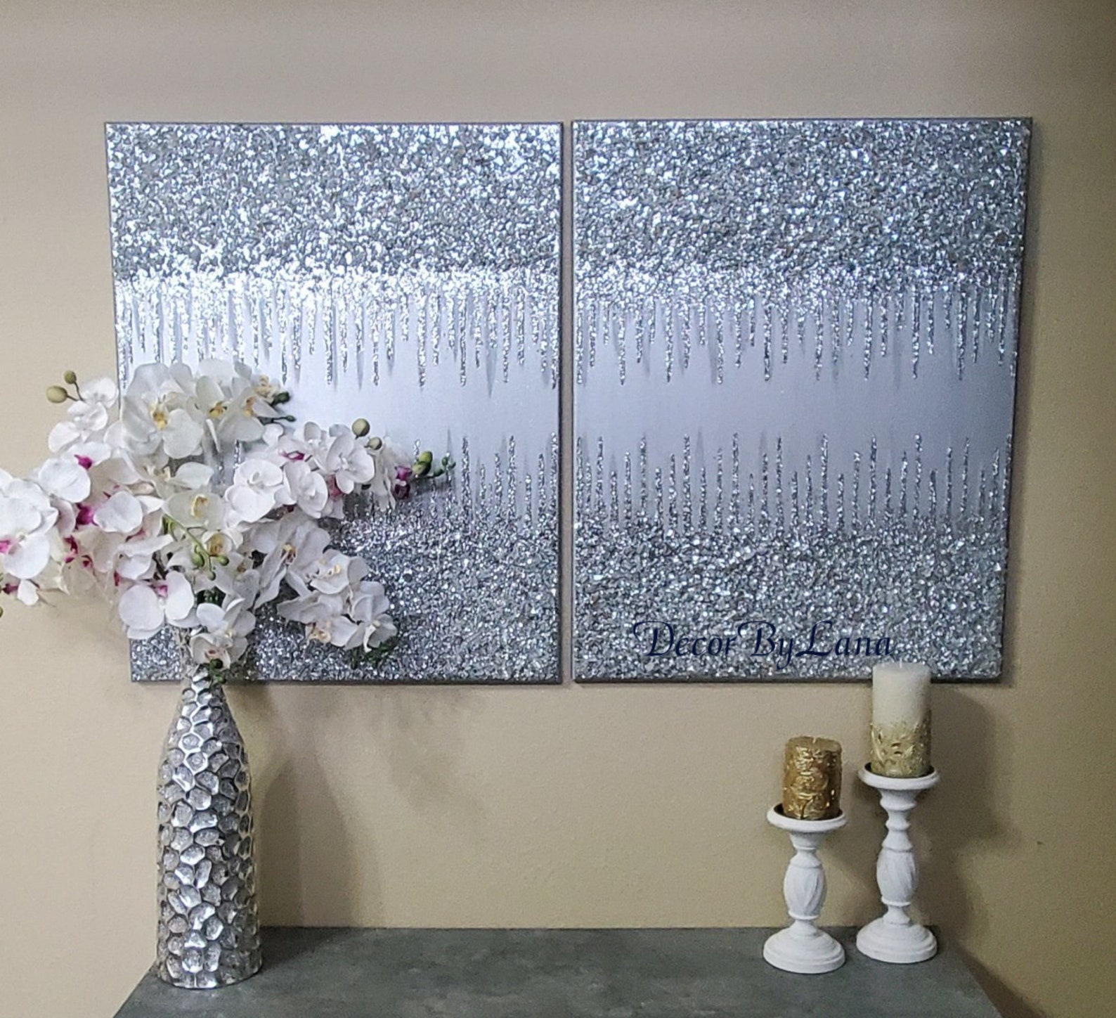 Original Silver "waterfall" Abstract Glitter Art Set. Made to Order - Etsy