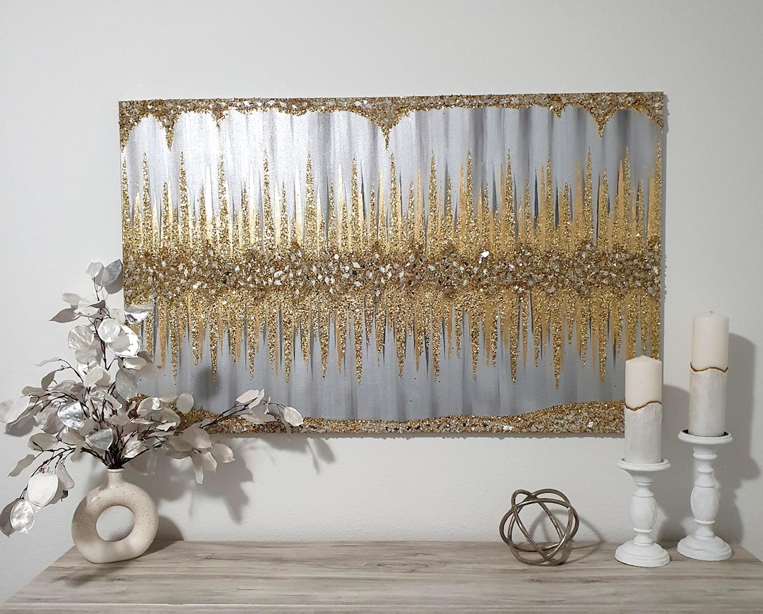 Original Art. Silver and Gold Abstract Glitter Art 30x48 Luxury Home ...