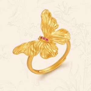 24k Real Gold Yellow Butterfly Romantic Love Statement Ring Vintage ...