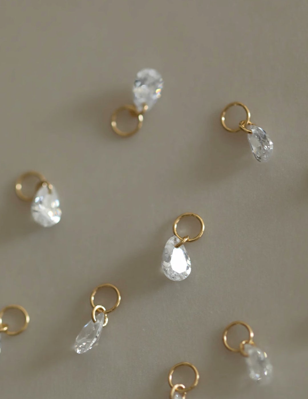 14K Solid Gold Unique Crystal Tear Drop Shape Dainty Mini Pendant Charm ...