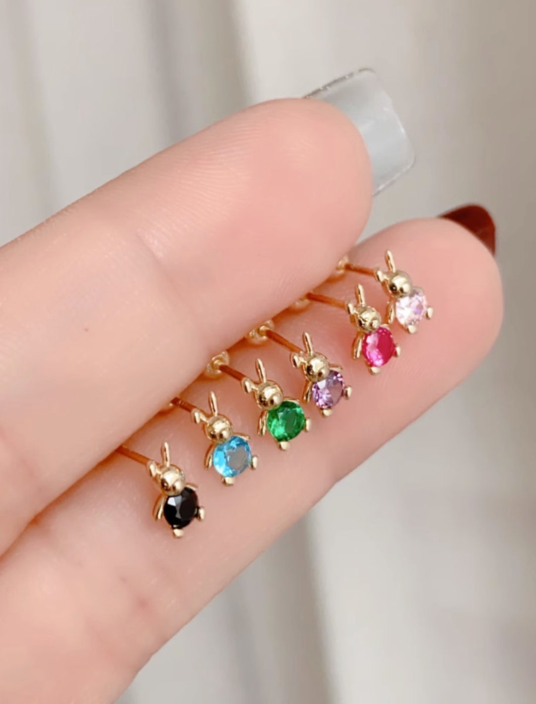 10k Solid Gold Screw Back Bunny Cute Rabbit Crystal Pink Green Mini ...
