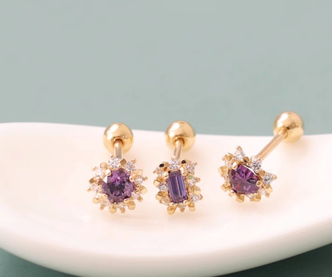 10k Solid Gold Screw Back Purple Crystal Mini Stud Earring Dainty Chic ...