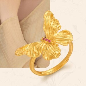24k Real Gold Yellow Butterfly Romantic Love Statement Ring Vintage ...
