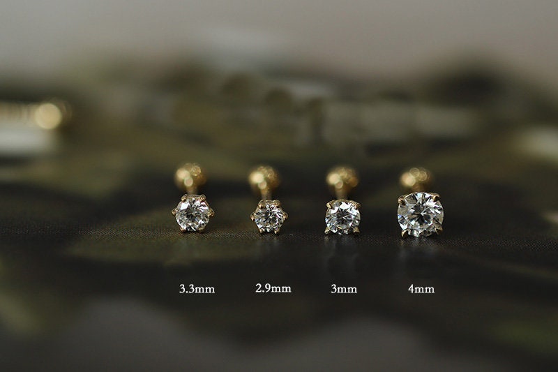 14K Solid Gold Screw Crystal Stud Screw Ball Back Earring | Etsy