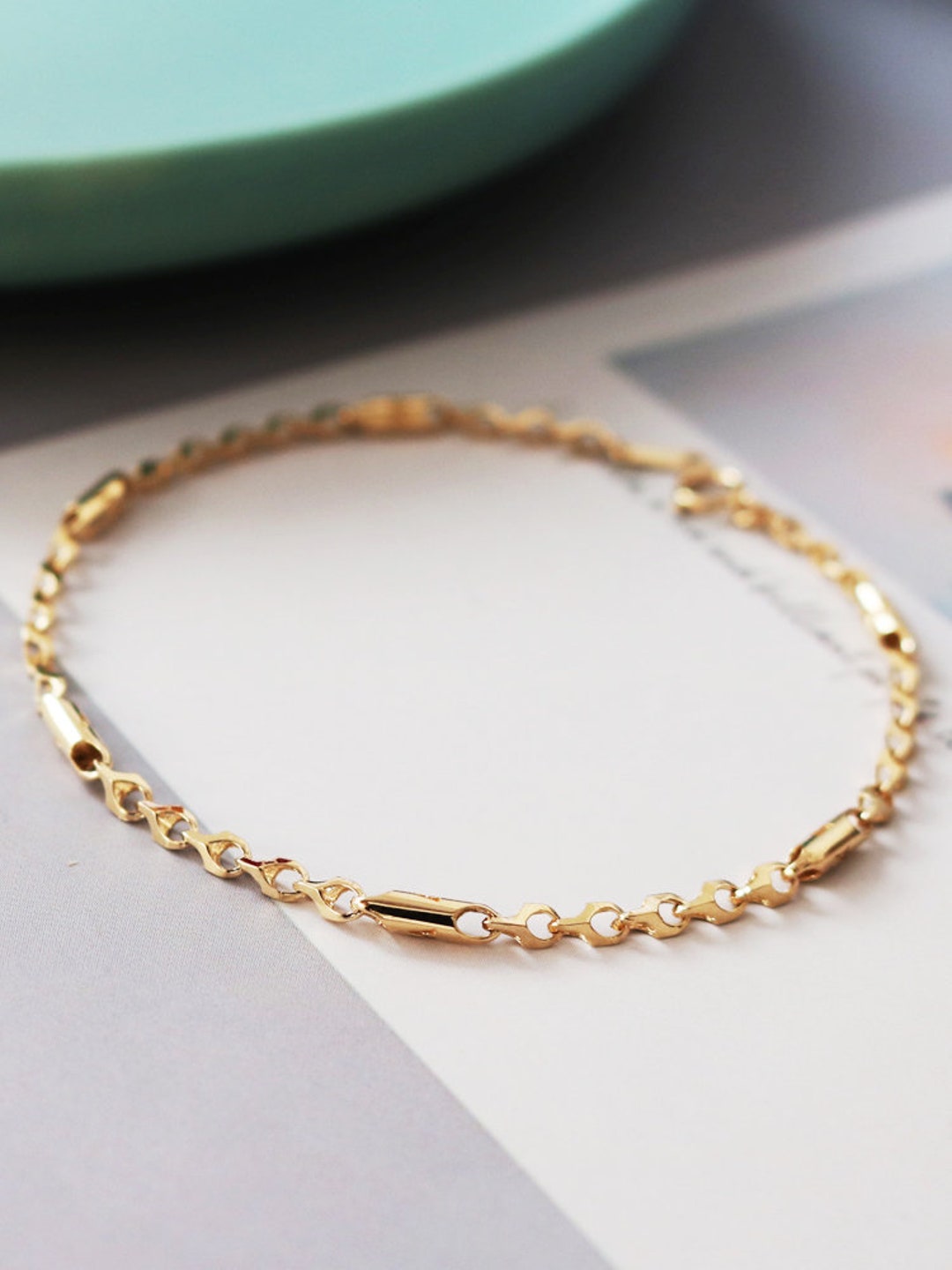 14K Solid Gold Bead Beaded Double Bracelet Jewelry Minimal Simple Style ...