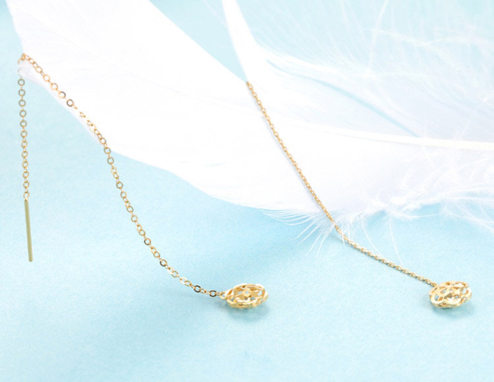 18k Solid Gold Flower Threader Chain Dangle Drop Lace Cut - Etsy