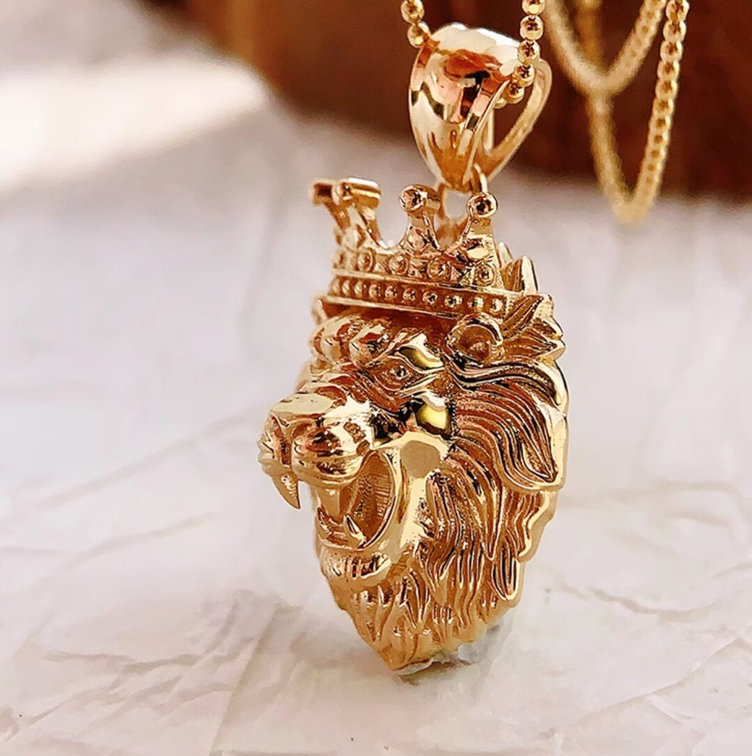 14k Real Gold Unique Good Luck Lion Crown Detailed Pendant Charm ...