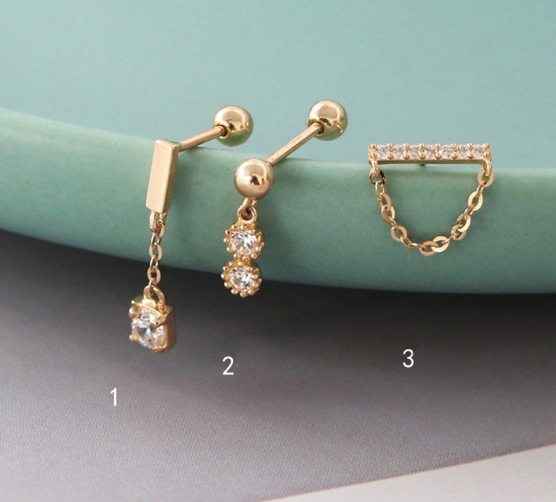 10k Solid Gold Screw Back Bar Crystal Mini Stud Earring Dainty Chic ...