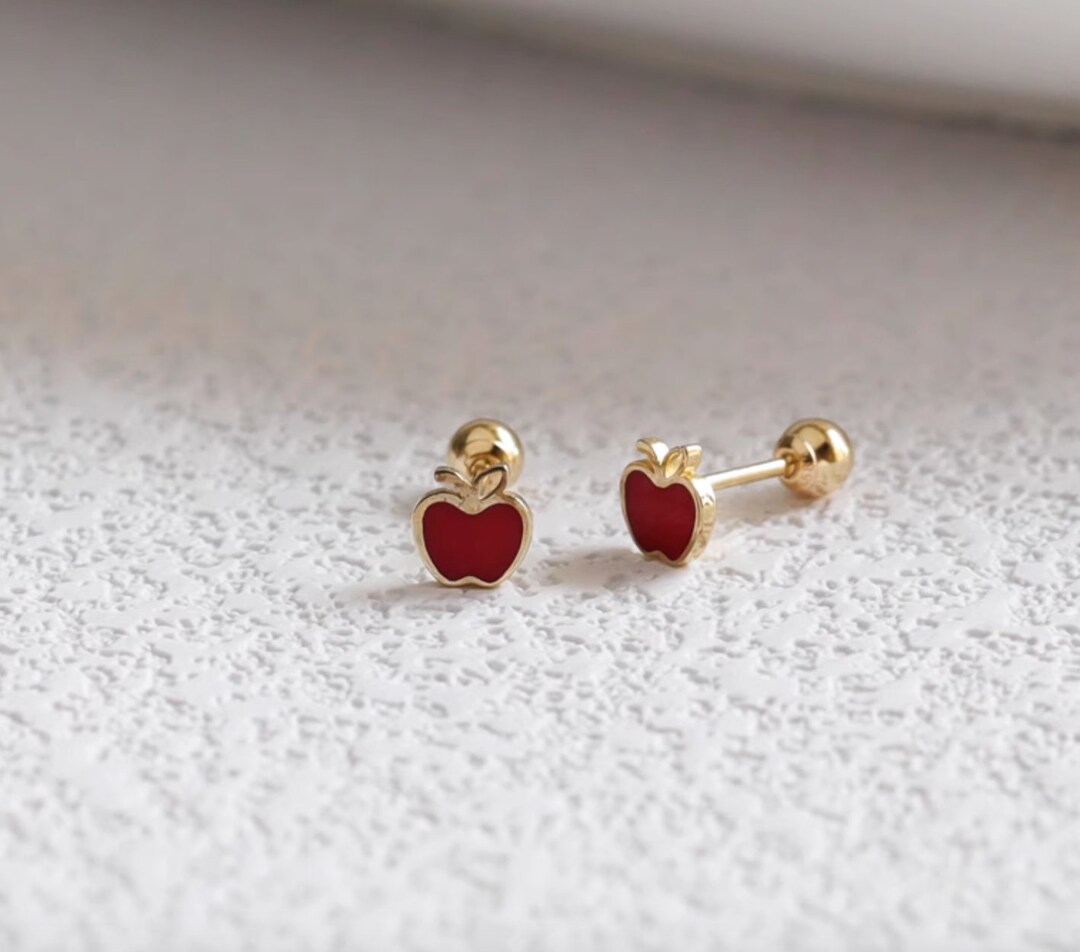14k Solid Gold Screw Back Cute Apple Mini Stud Earring Dainty Chic ...