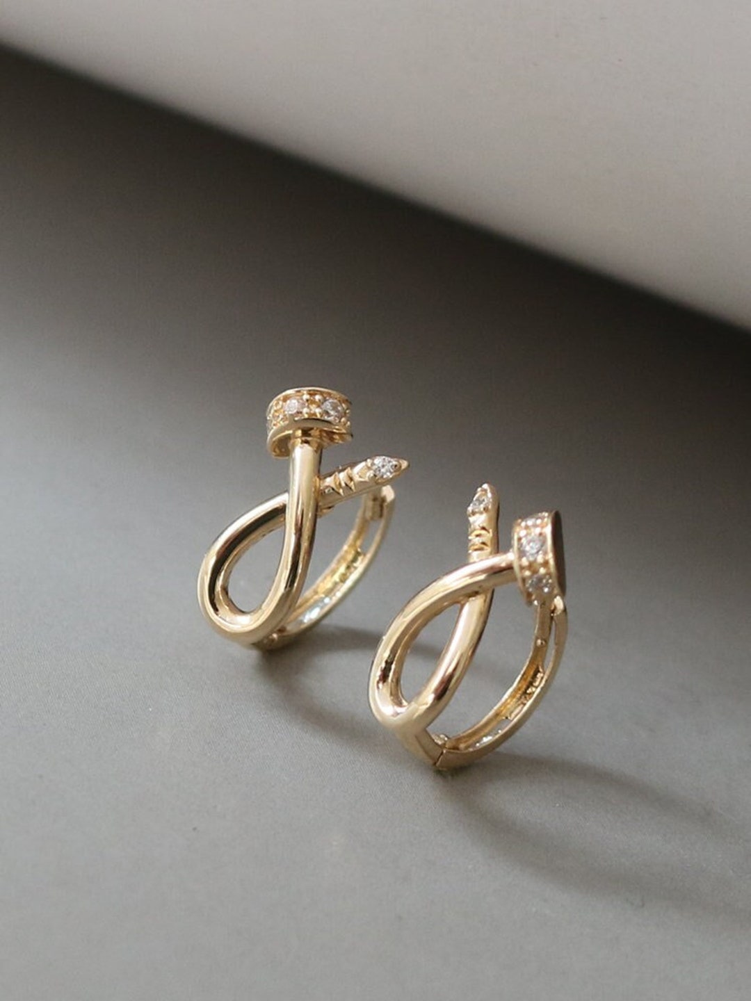 14k Solid Gold Nail Crystal Hoop Clasp Back Party Wedding Crystal Bride ...