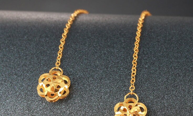 18k Solid Gold Flower Threader Chain Dangle Drop Lace Cut - Etsy