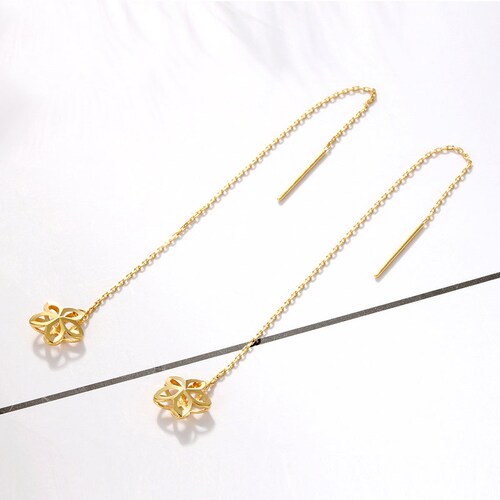 18k Solid Gold Flower Threader Chain Dangle Drop Lace Cut | Etsy