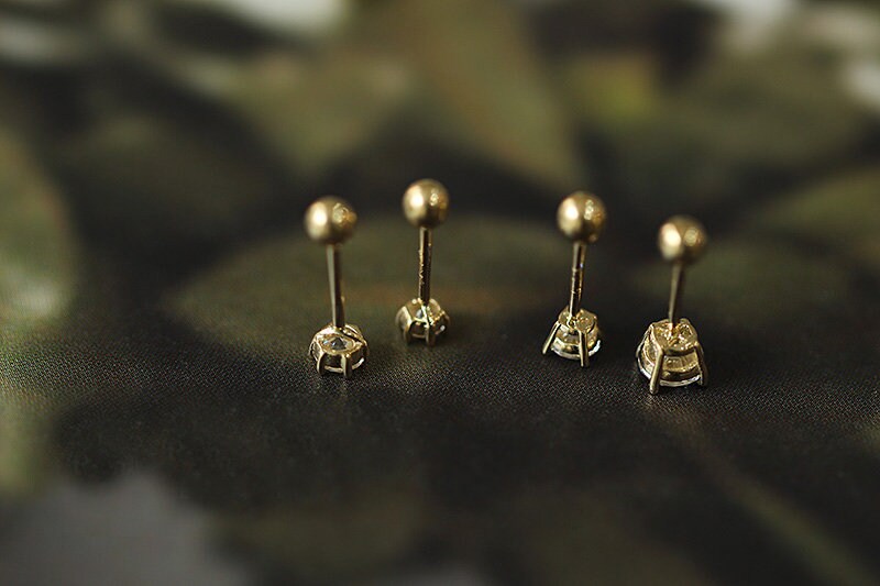 14K Solid Gold Screw Crystal Stud Screw Ball Back Earring | Etsy