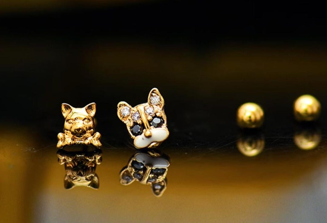 14k Pure Gold Crystal Dog Puppy Pug Bulldog Mini Stud Screw Back ...