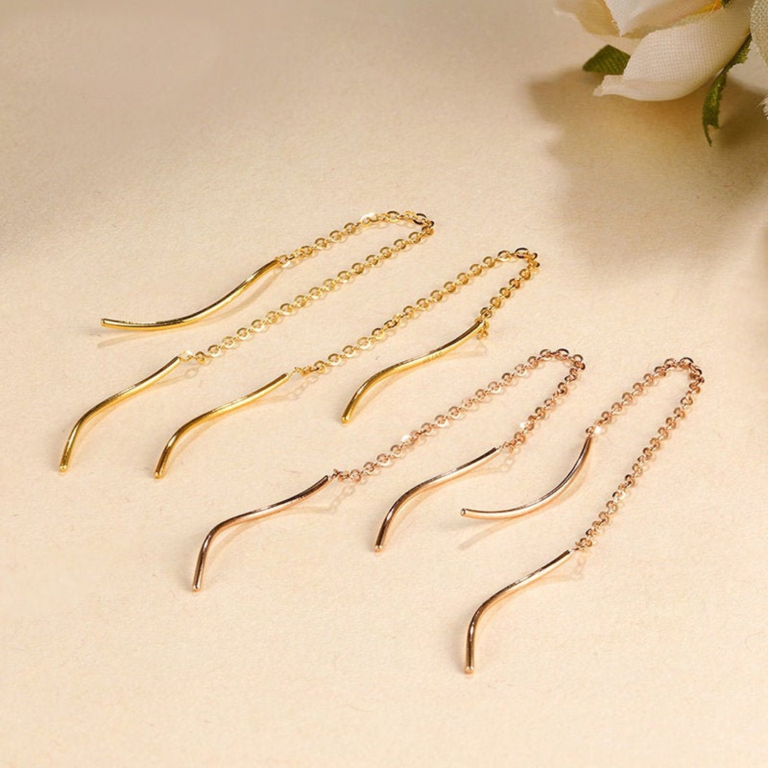 18K Real Gold Unique Single Tassel Threader Dangle Drop Earring Line Dainty Minimalist Simple ...