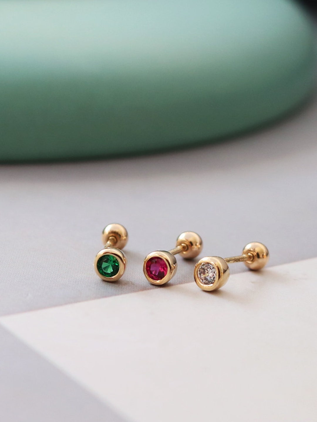 10K Solid Gold Screw Back Summer Round Green Pink Crystal Cute Stud ...