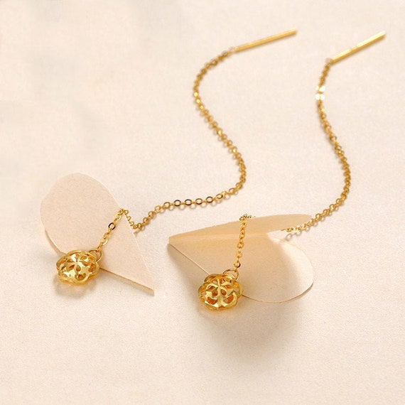 18k Solid Gold Flower Threader Chain Dangle Drop Lace Cut | Etsy