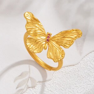 24k Real Gold Yellow Butterfly Romantic Love Statement Ring Vintage ...