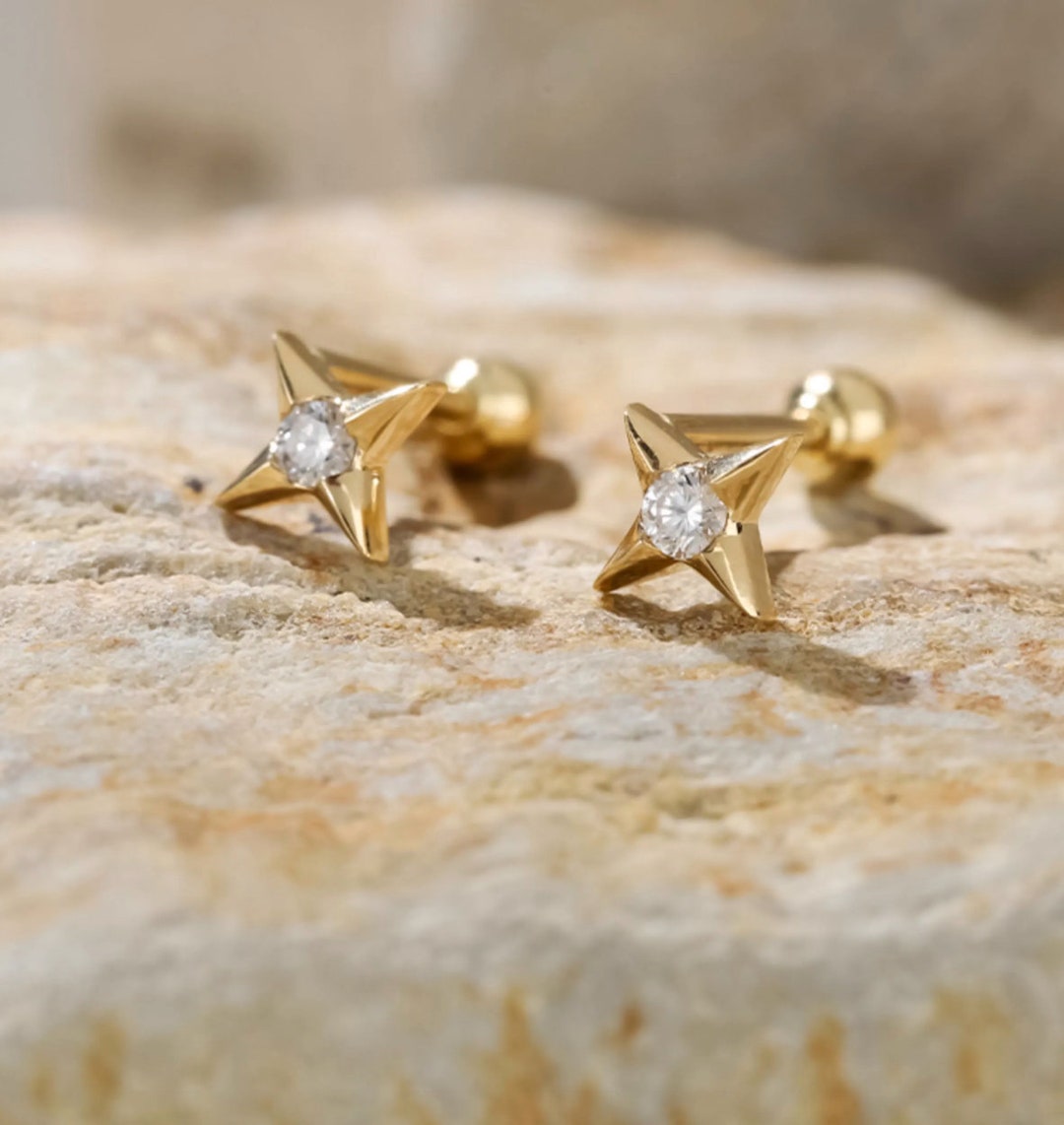 18k Real Gold Diamond Star Screw Back Stud Earring Simple HM - Etsy