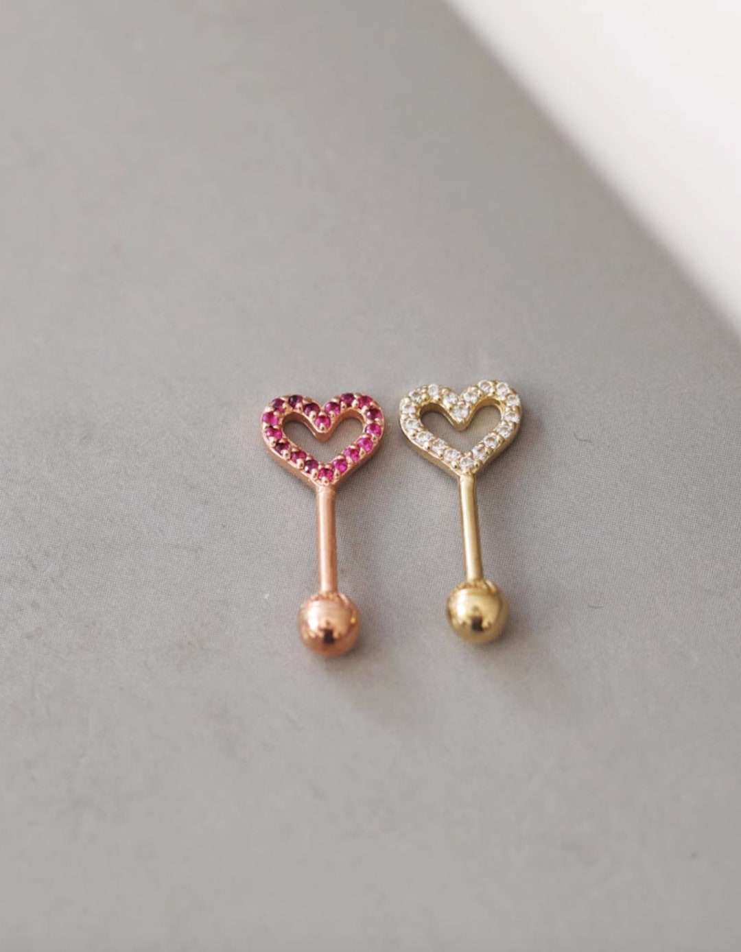 14k Solid Gold Crystal Heart Screw Back Minimal Minimalist Bride Gift ...