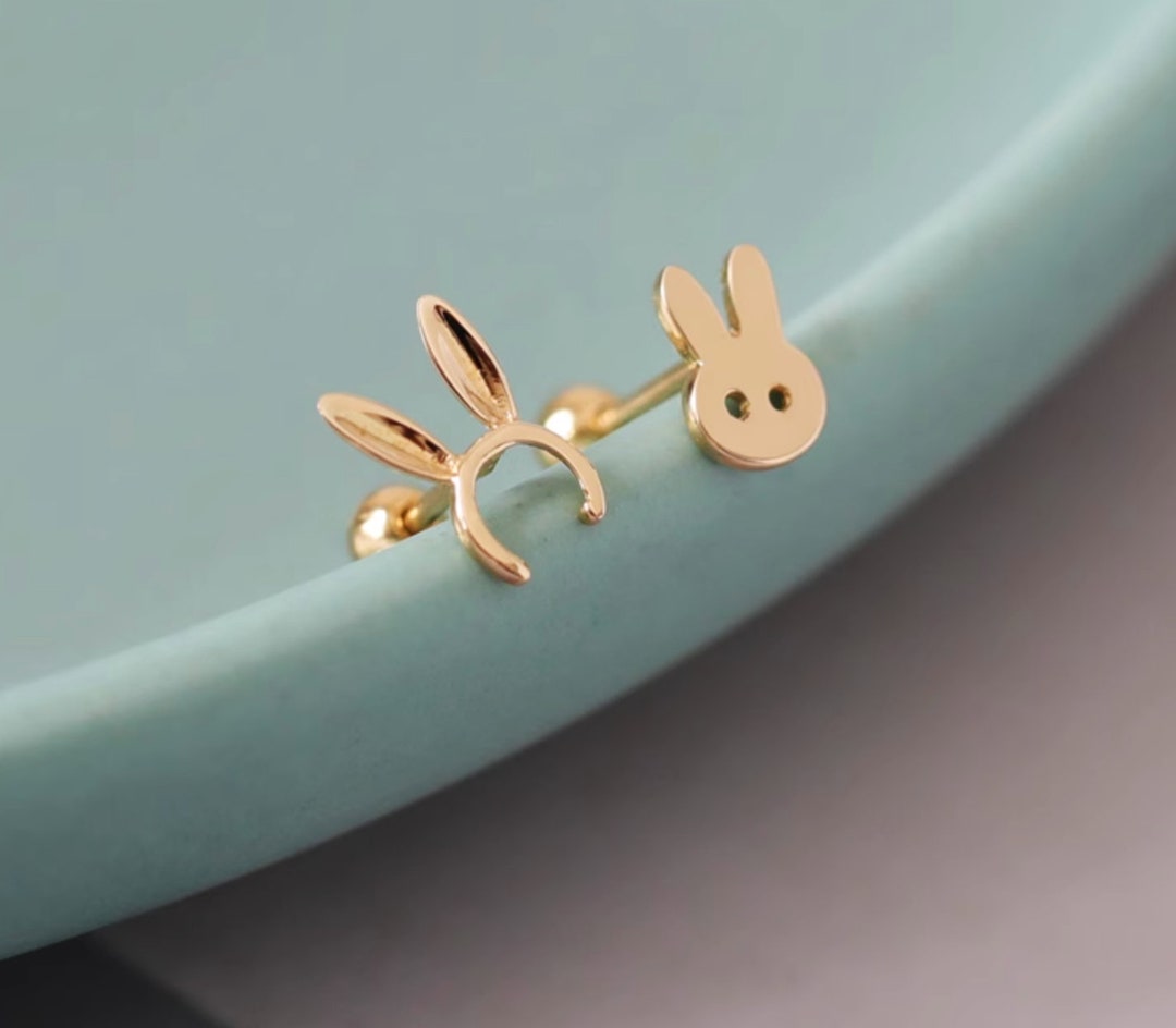 10k Solid Gold Screw Back Cute Bunny Rabbit Ear Mini Stud - Etsy