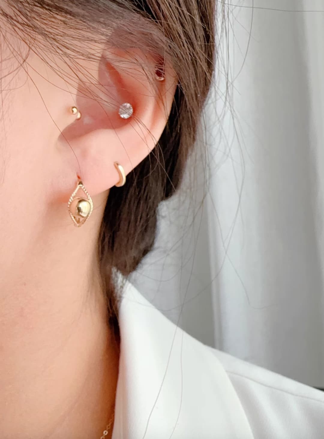 10k Solid Gold Bead Ball Hoop Clasp Back Party Wedding Crystal Bride ...