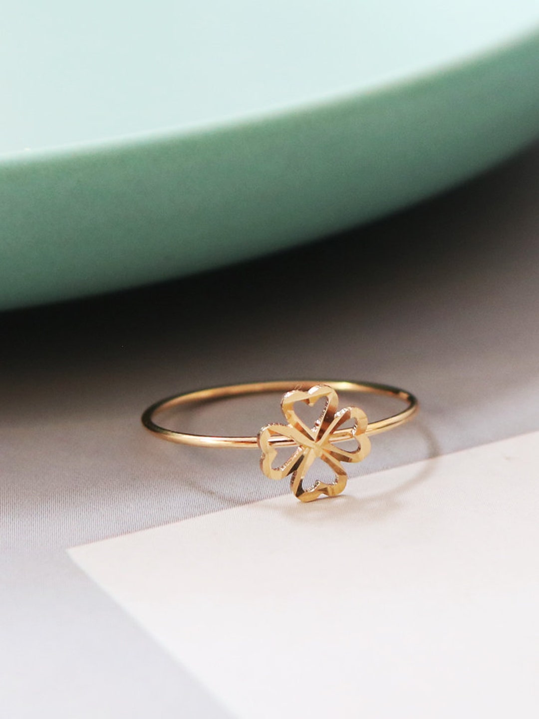 14k Solid Gold Crystal Lucky Luck Clover Statement Proposal - Etsy