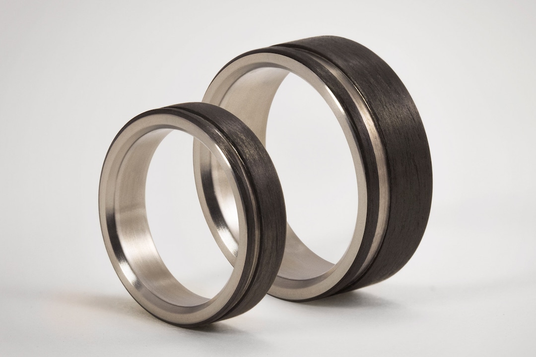 Carbon Fiber Wedding Ring Set ULTRALIGHT With Low Relief, Solid Carbon ...