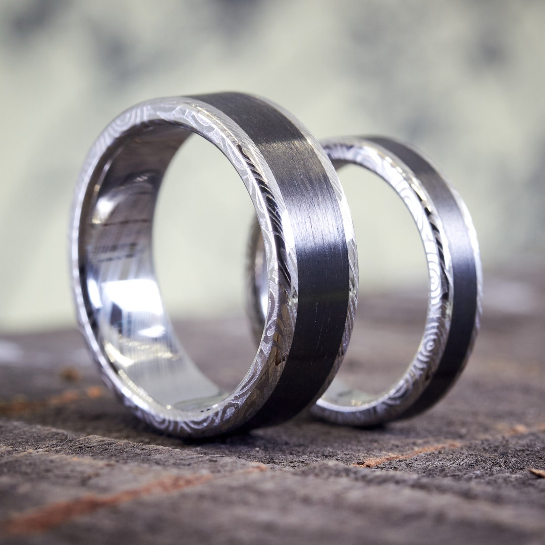 Damascus Steel Wedding Bands With Carbon Fiber, Damascus Steel ...